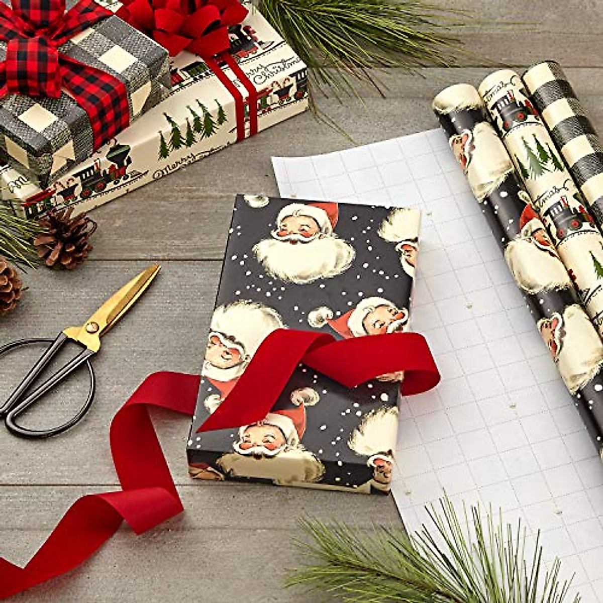 Hallmark Black Christmas Wrapping Paper with Cut Lines on Reverse (3 Rolls: 120 sq. ft. ttl) Retro Santa, Black and White Buffalo Plaid, Train and Trees
