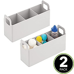 mDesign Plastic 3-Compartment Bathroom Organizer Storage Bin - Divided Makeup Caddy and Hair/Beauty Product Holder Tray - Perfect for Vanity, Counter, Cabinet - Lumiere Collection - 2 Pack, Light Gray
