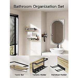 AMADA HOMEFURNISHING Floating Shelves,Rustic Bathroom Shelves with Sturdy Hooks and Towel Bar, Paulownia Wood Wall Shelves for Bathroom, Bedroom, Living Room, Kitchen, Entryway, Set of 3, AMFS01-1