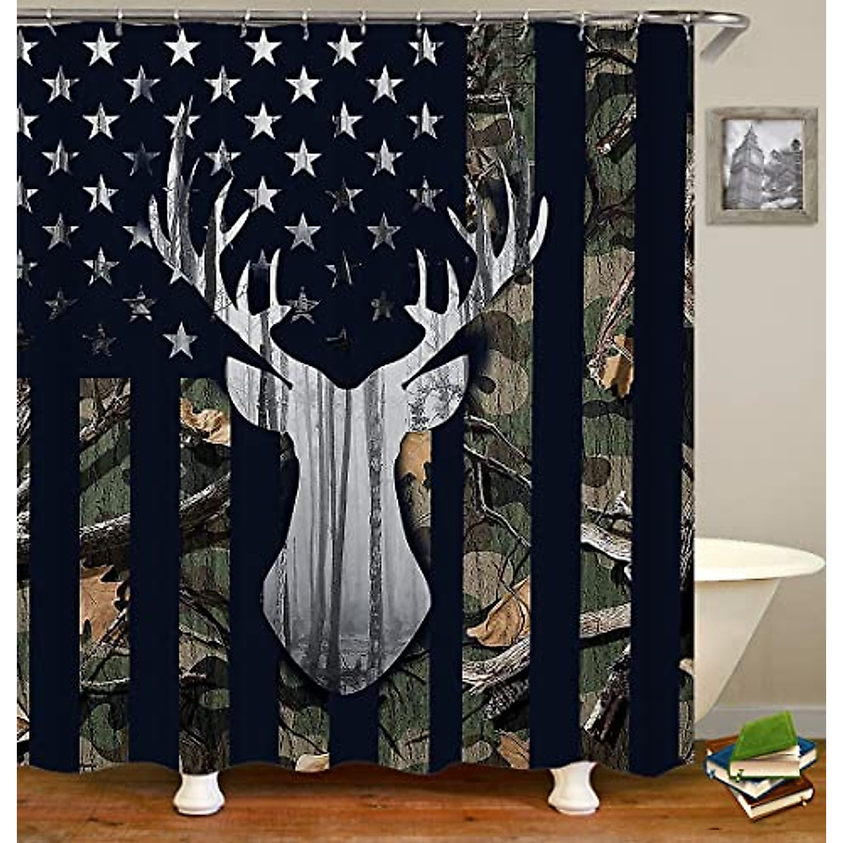 OLEBETY 4PCS/Set Camo Shower Curtain, Man Cave White Black American Flag Woodland Elk Moose Bear Wildlife Animal Hunting Rustic Cabin Bathroom Decor Non-slip Bath Rugs Gifts for Men Hunters, Deer Head