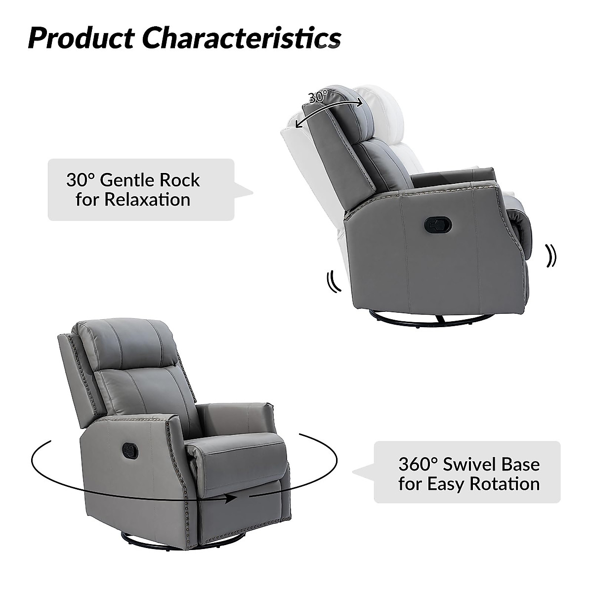 HULALA HOME Genuine Leather Swivel Rocker Recliners Set of 2 with Metal Base, Manual Glider Recliner Chairs with Adjustable Backrest & Footrest, Home Theater Sofa Armchairs for Living Room, Dove