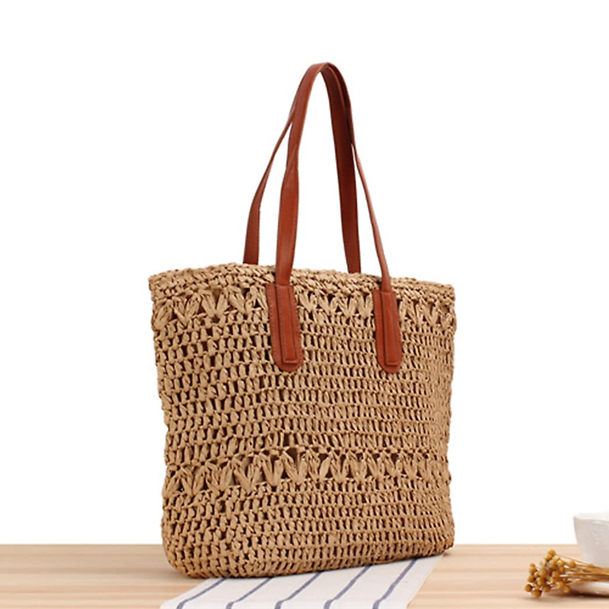 FAIRYSAN Summer Straw Shoulder Bag Women Large Straw Bags Weave Handmade Handle Tote Bag Brown