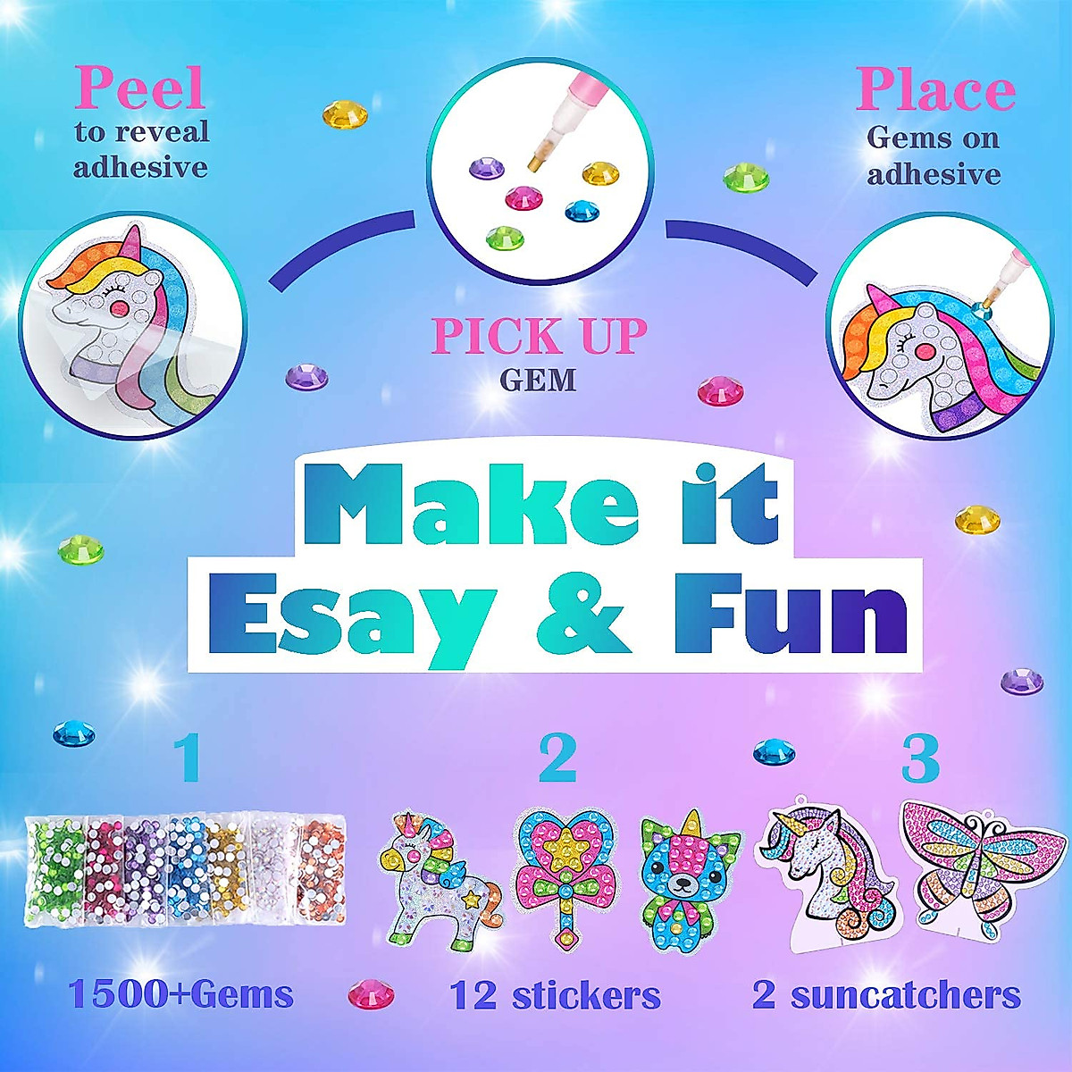 HFCBO Gem Diamond Painting Kits for Kids - Arts and Crafts for Girls & Boys Ages 6-8 8-10 10-12-Make Your Own Stickers and Suncatchers(Magical)