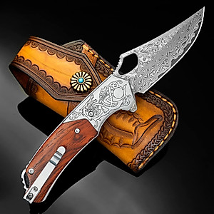 NedFoss Damascus Pocket Knives for Men, Handmade Forged VG10 Damascus Steel Folding Knife with Leather Sheath, Sandalwood Handle, Pocket Clip, Cool Knives Gifts for Men EDC (PTEROSAUR)