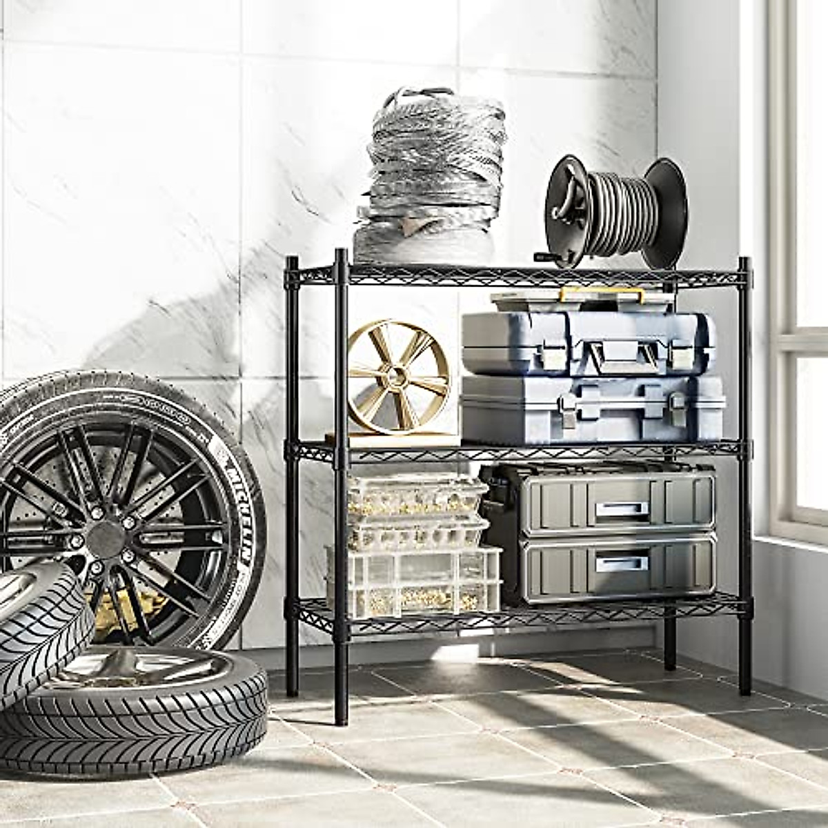 SZQINJI 3-Shelf Storage Wire Shelves Heavy Duty 3 Tiers Standing Shelving Units Adjustable Metal Organizer Wire Rack, Black