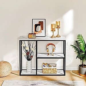 WOHOMO Console Table, 12 Inch Narrow Entryway Table for Living Room, 40 Inch Modern Industrial Sofa Table with 3-Tier Storage Shelves for Corridor, Hallway, White Marble