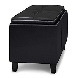 SIMPLIHOME Avalon 42 Inch Wide Contemporary Rectangle 2 Tray Storage Ottoman in Midnight Black Vegan Faux Leather, For the Living Room, Entryway and Family Room