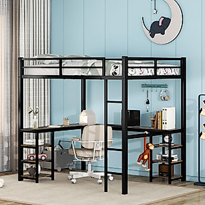 Bellemave Full Size Loft Bed with Desk, Metal Loft Bed Frame with Storage Shelves, Heavy-Duty Kids Loft Beds with Ladder & L-Shape Desk for Boys Girls Teens, Black