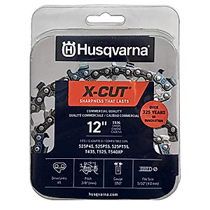 Husqvarna X-Cut S93G 12 Inch Chainsaw Chain, 3/8" Mini Pitch, .050" Gauge, 45 Drive Link Chainsaw Blade Replacement, Pre-Stretched and Low Kickback, Gray