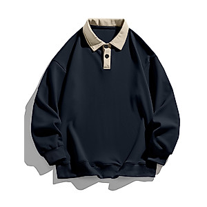 ZAFUL Men's Long Sleeve Color Spliced Polo Collar Sweatshirts Casual Loose Fit Lightweight Pullover Hoodies Navy Blue
