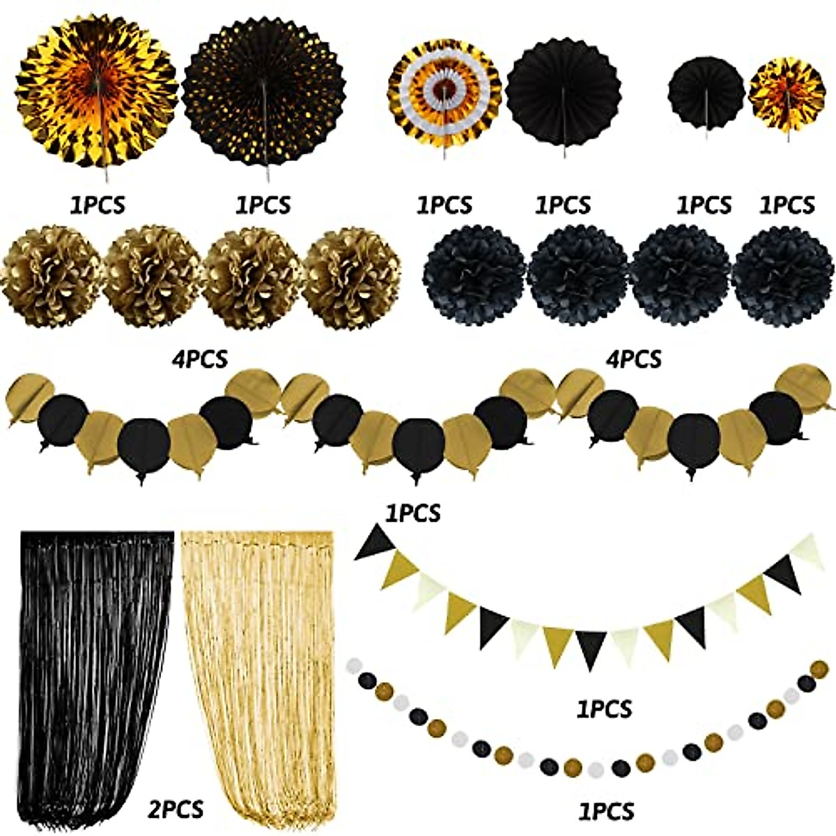 ZERODECO Gold and Black Party Decorations, Hanging Paper Fan Pom Poms Pennant Garland String Banner Fringe Curtains Birthday Parties Graduation Wedding Happy New Year Eve Party Decorations