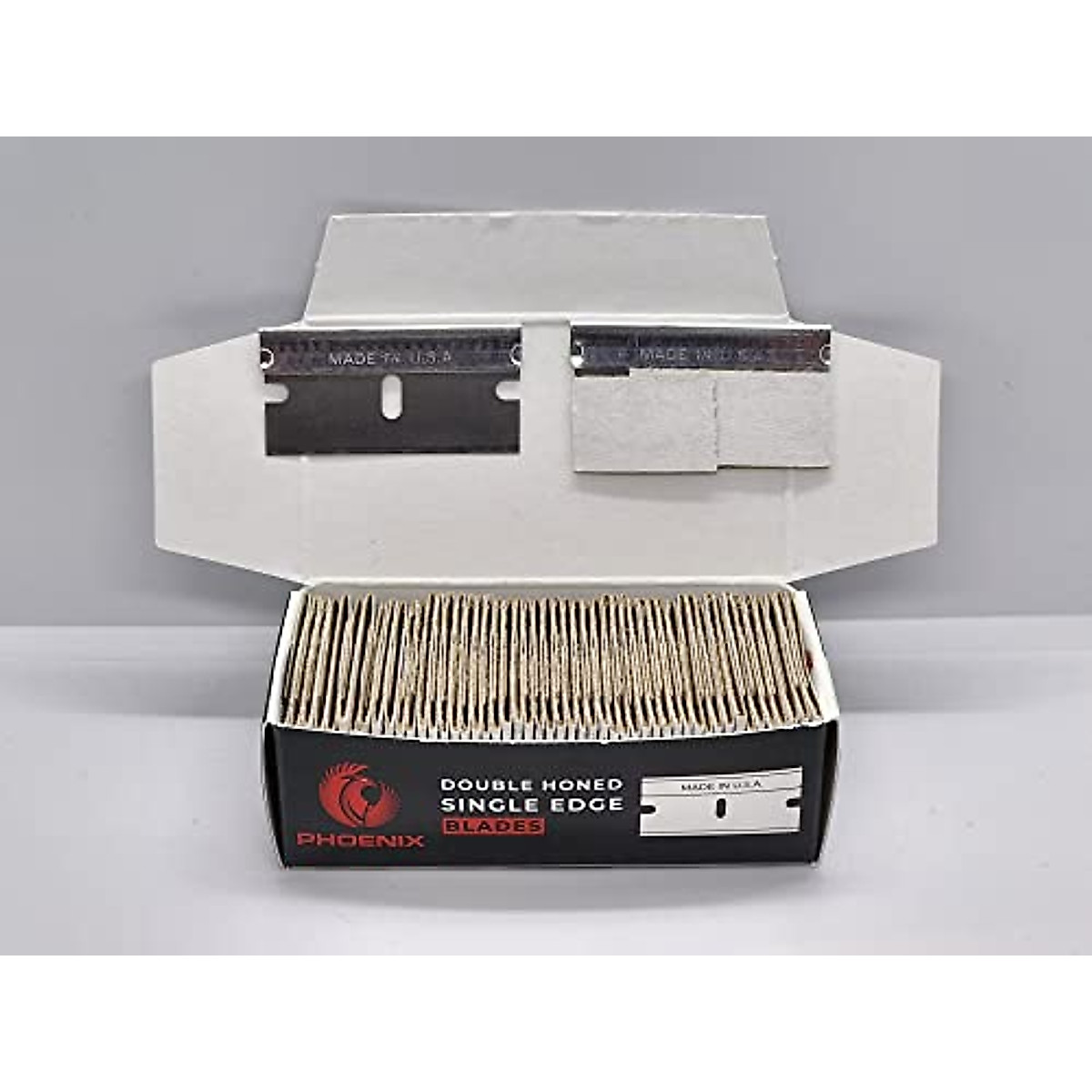 PHOENIX 68-12692 Box of 50 Heavy Duty Single Edge Razor Blades - (#9 High Carbon Steel Blade, Steel Backing) Made In USA, Box Cutter Blades