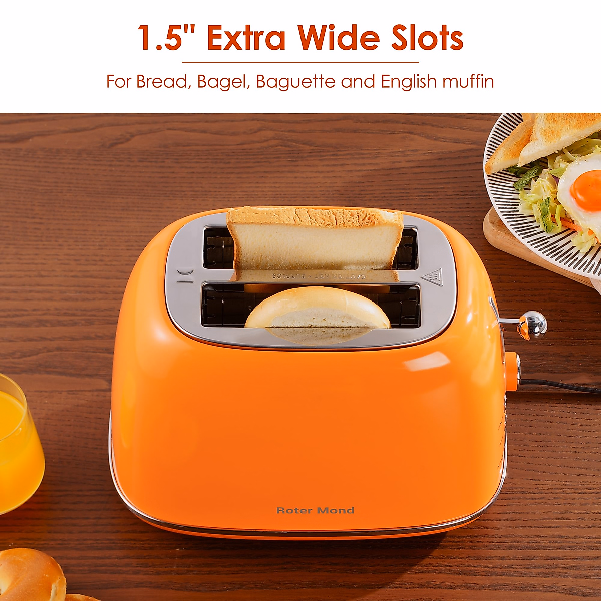 2 Slice Toaster Roter Mond Retro Stainless Steel Toaster with Bagel, Cancel, Defrost Function and 6 Bread Shade Settings Bread Toaster, Extra Wide Slot and Removable Crumb Tray, Orange