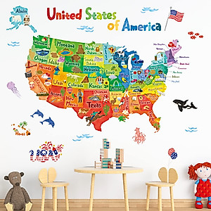 DECOWALL SG2-2307 Colourful USA Wall Stickers Decals Peel and Stick Removable for Kids Nursery Bedroom Living Room décor Wallpaper United States US