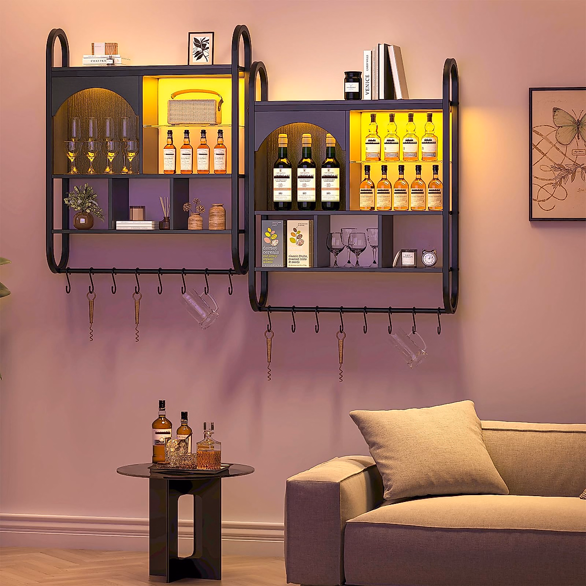 Saudism Floating Shelves with Lights, Led Shelves for Wall, Gaming Display Shelf, Lighted Bar Shelves, Arched Shelf for Collectibles, Sturdy Fast Assembly Great Weight Capacity (Black)