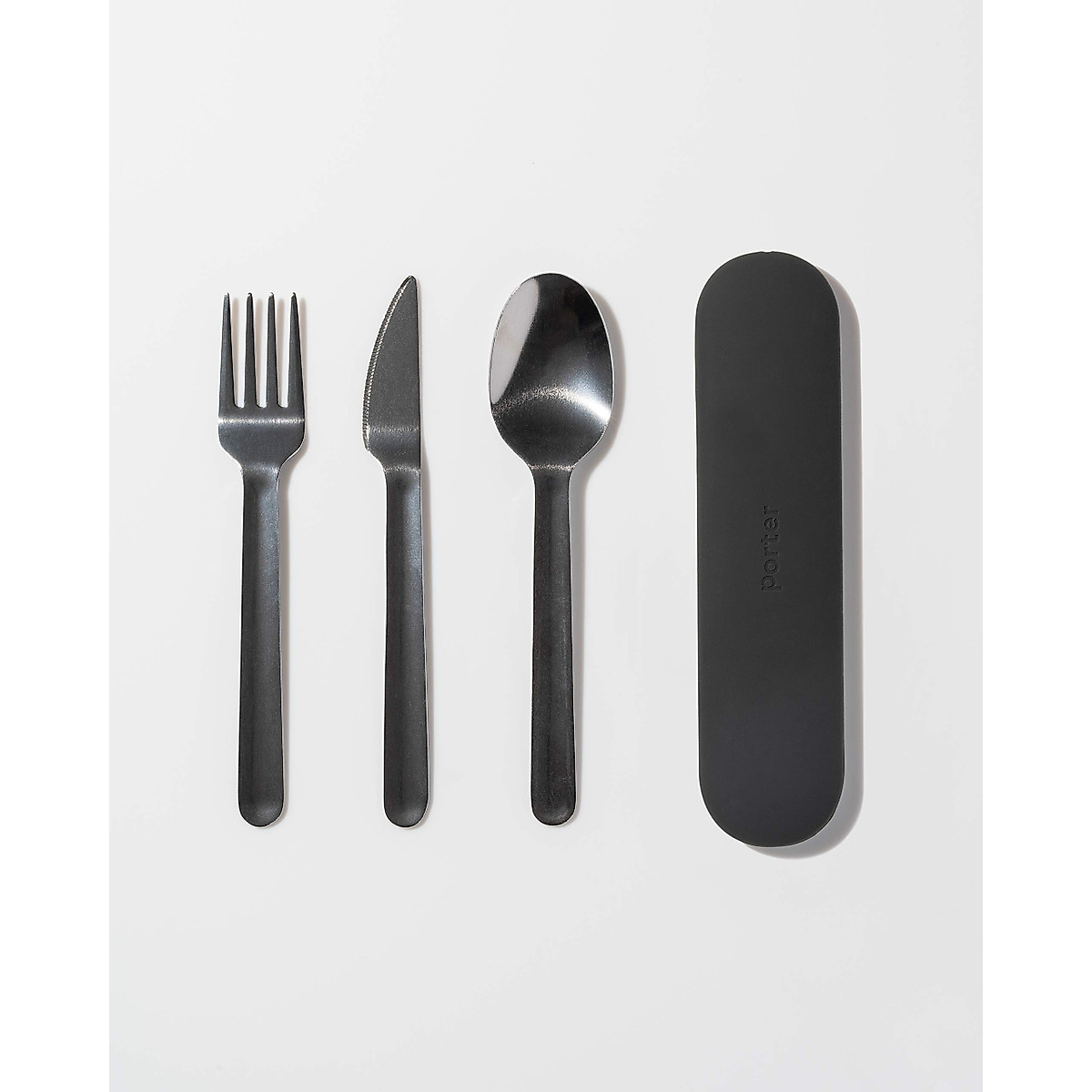 W&P Porter Stainless Steel Utensils with Silicone Carrying Case | Charcoal | Spoon, Fork & Knife for Meals on the Go | Portable and Compact Set