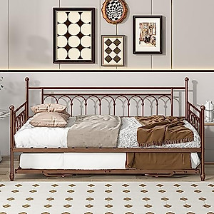 kuurfuurdo Twin Daybed with Trundle Bed, Day Bed with Trundle Bed Twin Pop Up, Metal Daybed Frame, Steel Slat Support Twin Trundle Bed Frame for Kids Teens Adults, No Box Spring Needed