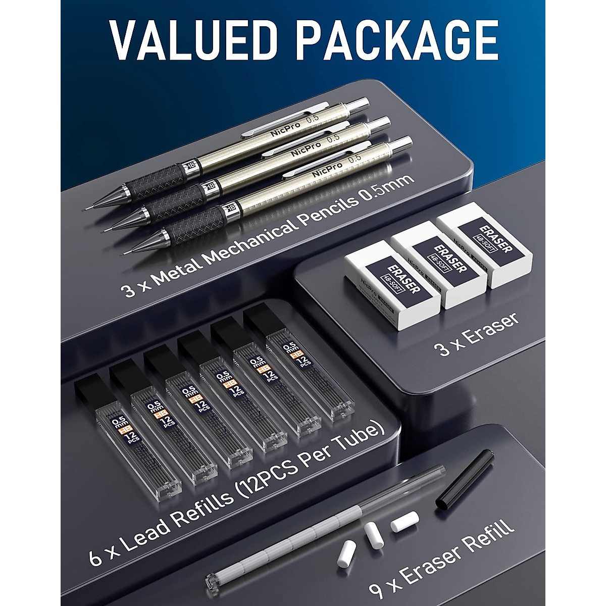 Nicpro 0.5 mm Art Mechanical Pencil Set in Storage Case, 3 PCS Metal Drafting Pencil Lead Pencil with 6 Tube HB Lead Refills, 3 Erasers, 9 PCS Eraser Refills for Artist Writing, Drawing, Sketching