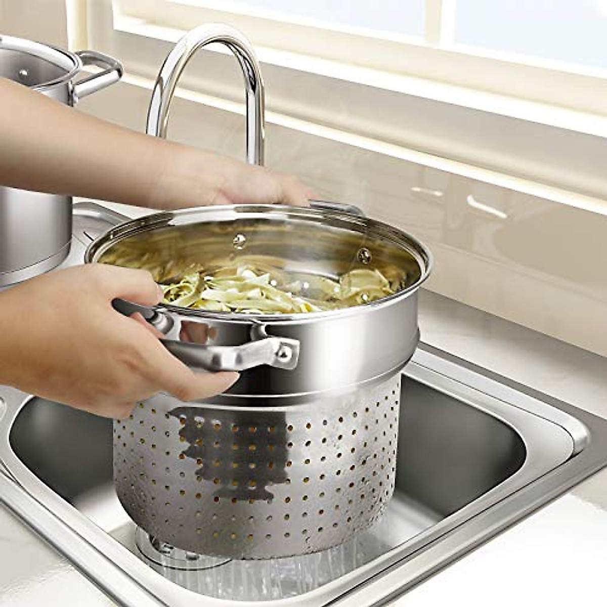 Duxtop Professional Stainless Steel Pasta Pot with Strainer Insert, 4PC Multipots Includes Pasta Pot & Steamer Pot, 8.6Qt Induction Stock Pot with Glass Lid, Impact-Bonded Technology