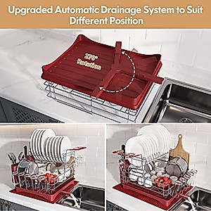 Qienrrae Large Dish Drying Rack with Drainboard Set, Stainless Steel Dish Rack with Drainage, Wine Glass Holder, Utensil Holder and Extra Dryer Mat, 2 Tier Dishes Rack for Kitchen Counter, Red