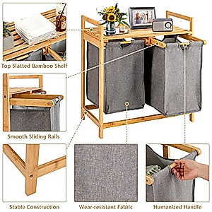 Giantex Bamboo Laundry Hamper with Dual Compartments, 2-Section Laundry Sorter w/Removable Sliding Bags & Shelf, Laundry Basket w/Handles, Utility Laundry Storage Organizer for Bathroom Bedroom