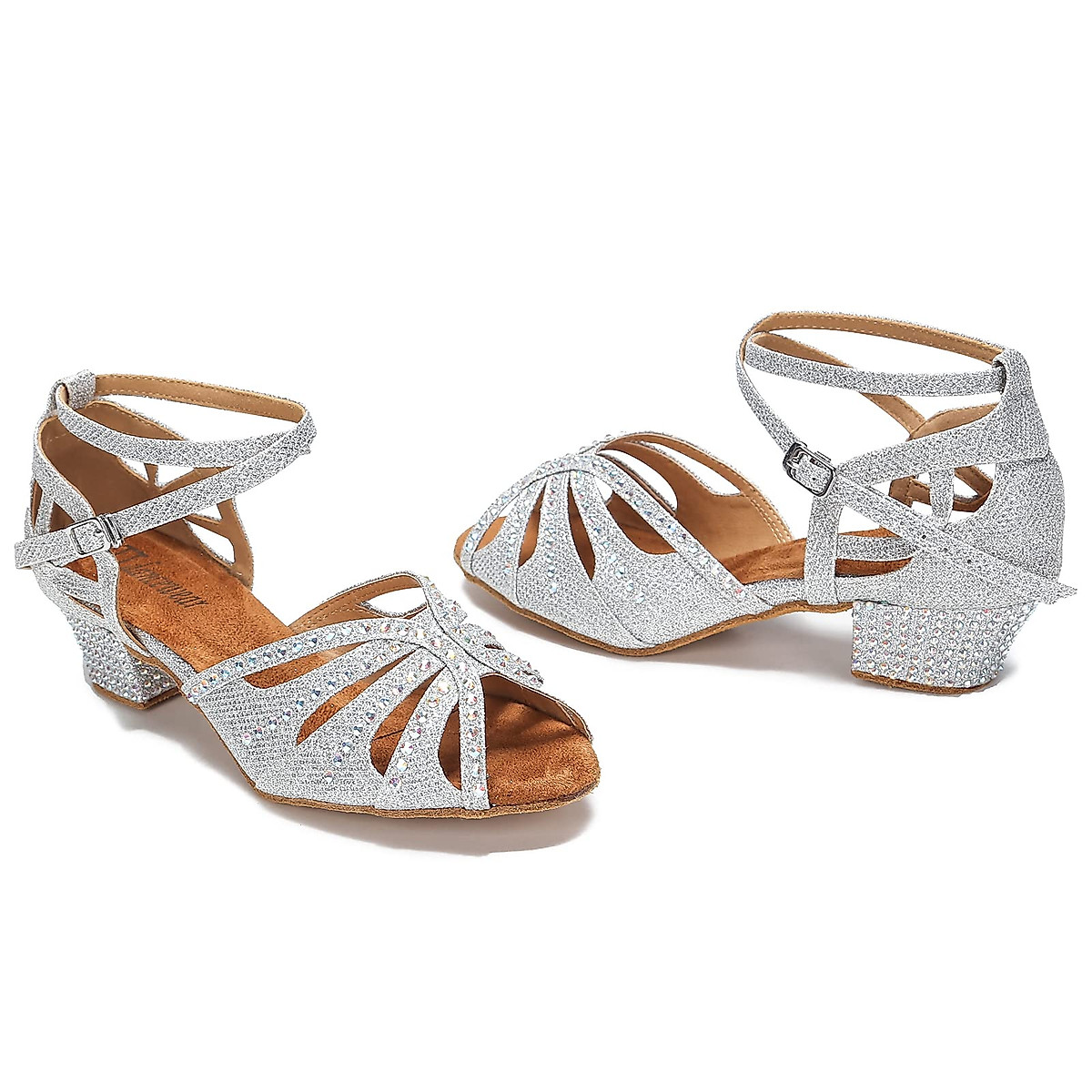 TTdancewear Rhinestone Dance Shoes for Women Low Heel Ballroom Dance Shoes Salsa Latin Practice Dancing Shoes Cuban Heels 1.5"(8.5,Silver)