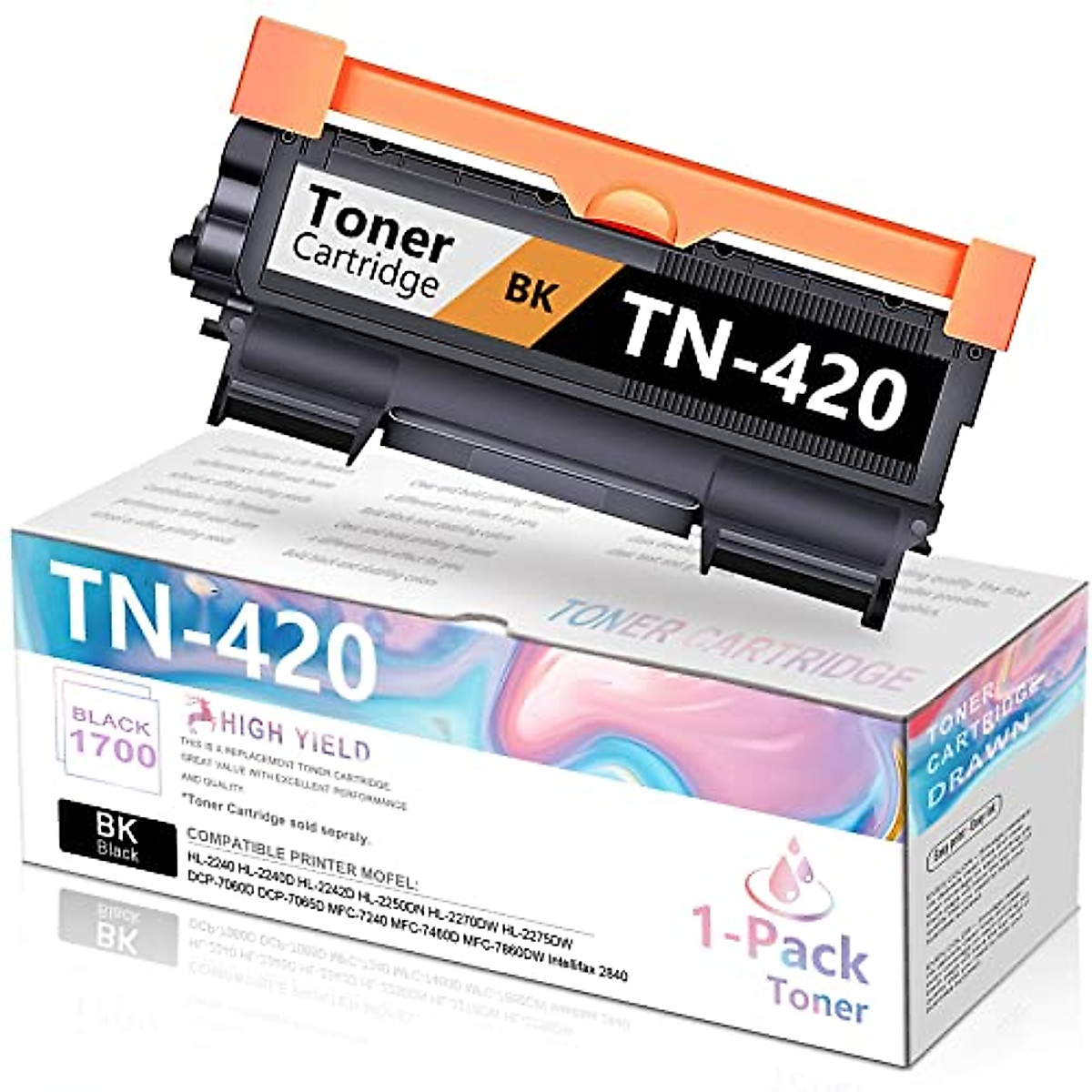 DRAWN [1,700 Yield] 1-Pack TN-420 TN420 Black Toner Cartridge Compatible Replacement for Brother HL-2220 2230 2240D 2242D 2240 2130 2132 2270DW 2280DW 2275DW 2250DN Intellifax 2840 2940 Printer Ink