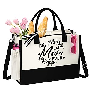 QLOVEA Mothers Day Gifts, Best Mom Ever Gift from Daughter Son Kids, Personalized Canvas Mom Tote for Mom Birthday Gifts, Christmas, Mom to Be, New Mom, Hospital, Stepmother, Ideal for Beach, Travel