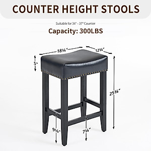 Furnimart 26” Bar Stools Set of 2 Leather Saddle Stool Counter Height Bar stools with Rivet Trim Cushion Seat Wood Counter Stools for Kitchen and Bar (PU-Black)