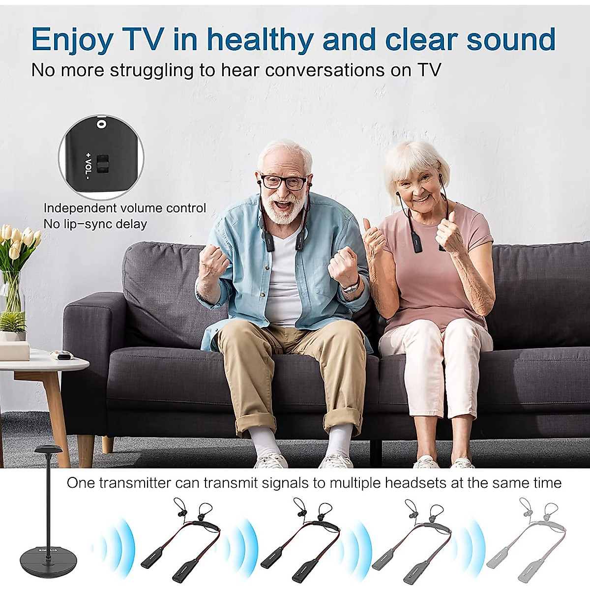 SIMOLIO Dual Wireless Headphones for TV Watching with Transmitter/Charging Stand 2-in-1, Spare Battery & Dialog Mode & Balance Control for Seniors, Optical/RCA/AUX Compatible, Bypass to Soundbar