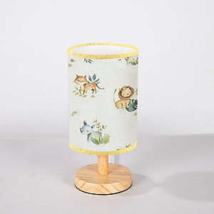 LOPYEIJFG Minimalist Bedside Table Lamp Safari Animals Watercolor Cute Baby Nursery Seamless Wood Nightstand Lamp Bedside Desk Lamp Wood Base Flaxen Fabric Shade for Bedroom Living Room, 5.5x11inch