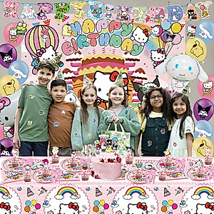 Kawaii Birthday Decorations, Cartoon Party Decorations, Include Banner, Cake Toppers, Paper Tableware, Stickers, Backdrop, Tablecloth, Balloons, Hanging Swirls, for Kids Theme Birthday Party Supplies