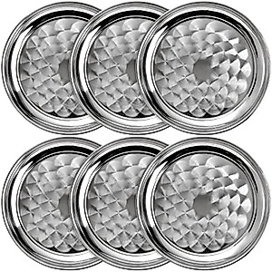 ZEAYEA 6 Pack Stainless Steel Round Tray, 12 Inch Bar Serving Tray with Swirl Pattern, Silver Display Serving Platter, Round Metal Tray for Coffee Table, Party, Club, Home, Ottoman