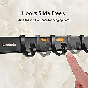 Geobella Coat Hooks Wall Mounted with Rail Silding Hooks for Hanging Coats Purse Clothes Jacket Backpack Entryway,Towel Racks Bathroom Black (3 Hooks, 1 Pack)