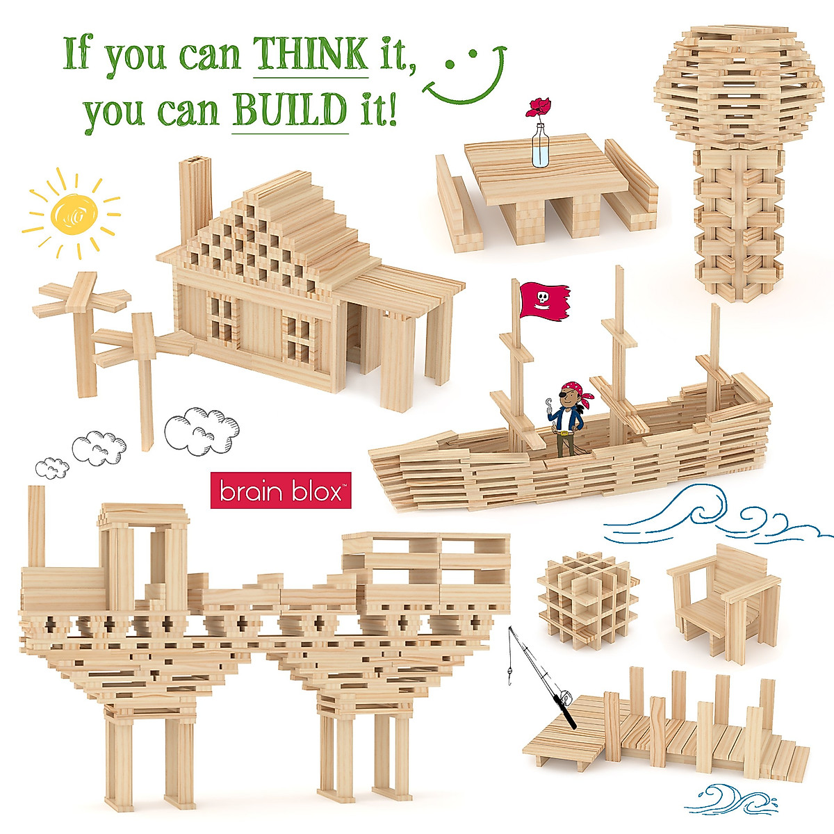 Brain Blox Natural Wooden Blocks for Kids Ages 4-8 - Montessori Blocks for Hands-on Learning - STEM and Architecture for Kids (300 Building Blocks)