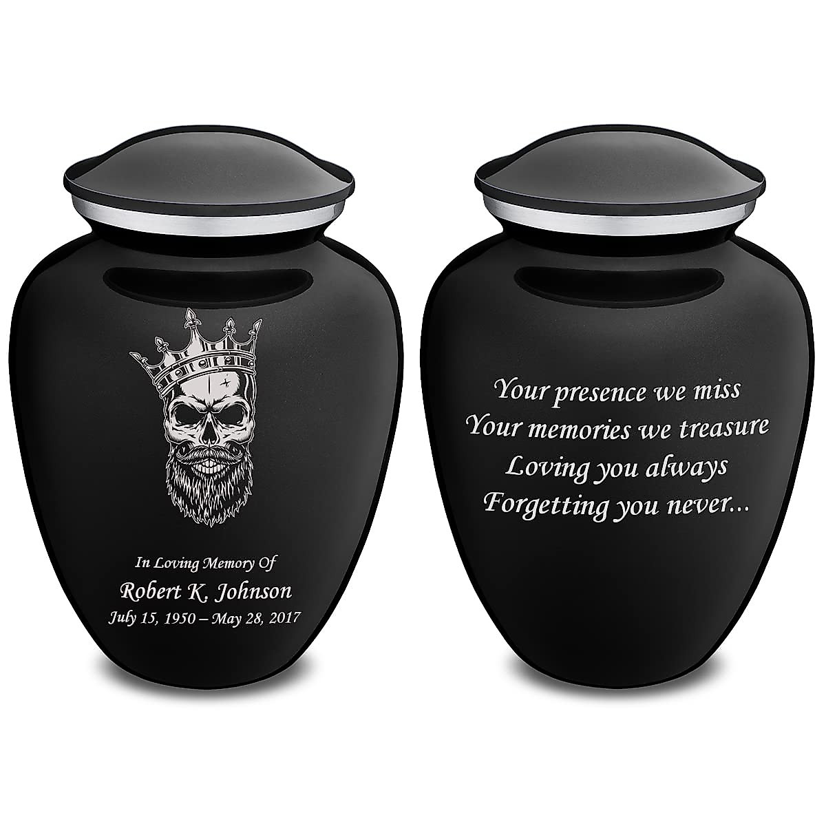GetUrns Embrace Personalized Skull Adult Cremation Urn with Custom Text Engraving for Human Ashes for Funeral, Burial, Niche or Columbarium 200 Cubic Inches–Urns for Adult Ashes (_Black Double Sided)