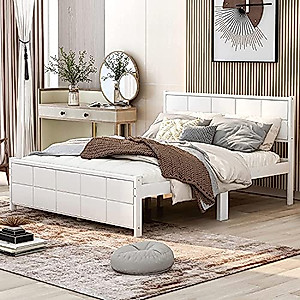 STP-Y Full Platform Bed, Rockjame Minimalistic Stylish Wood Bed Frame with Rectangular Line Shape Headboard and Footboard, Perfect for Kids, Teens and Adults (Walnut) (Color : White, Size : Queen)
