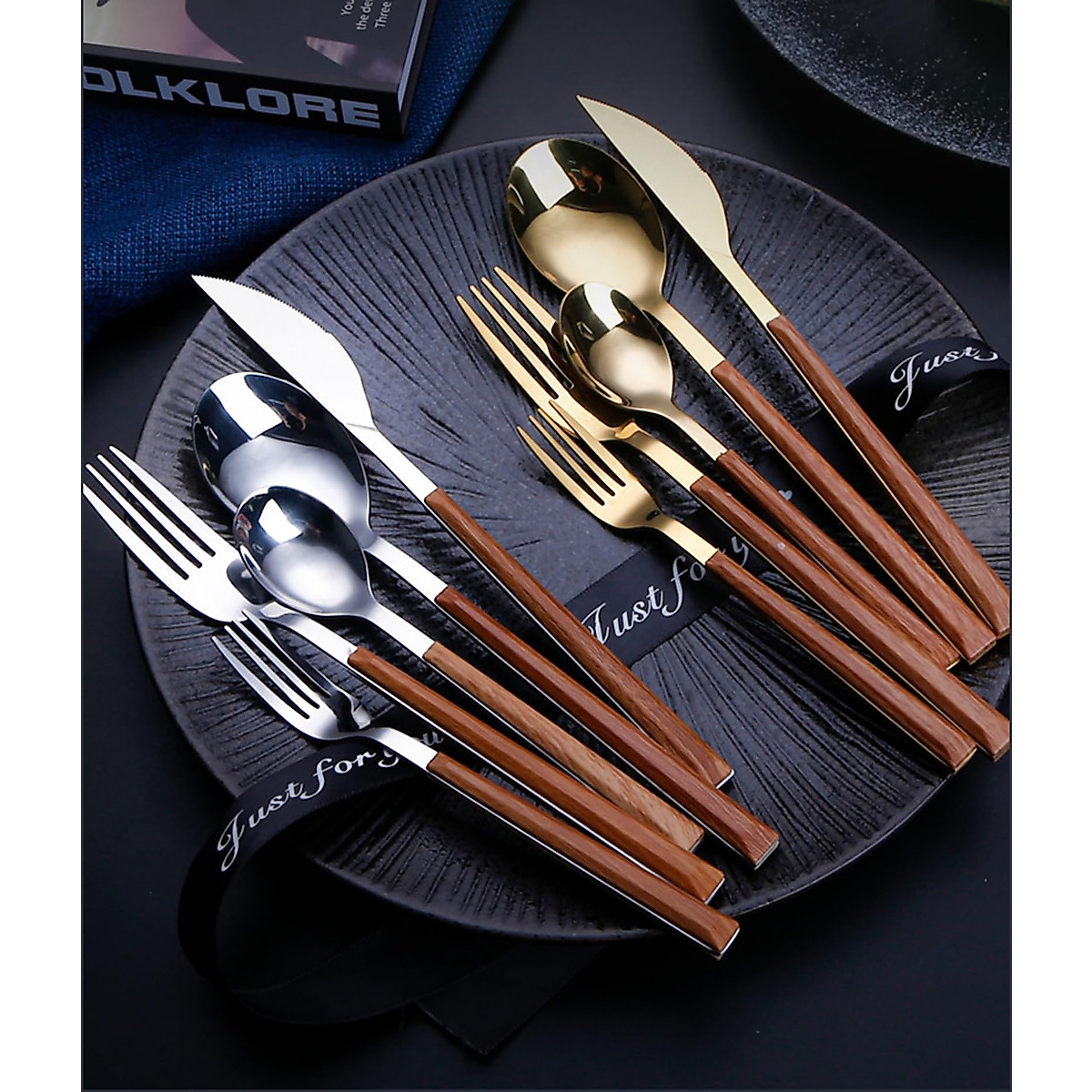 Wooden Silverware Set With Wood Grain Handle 30 Pcs Flatware Sets Service for 6 Stainless Steel Home Kitchen Wedding Restaurant Cutlery Utensils Set Forks Spoons and Knives Delicate Tableware