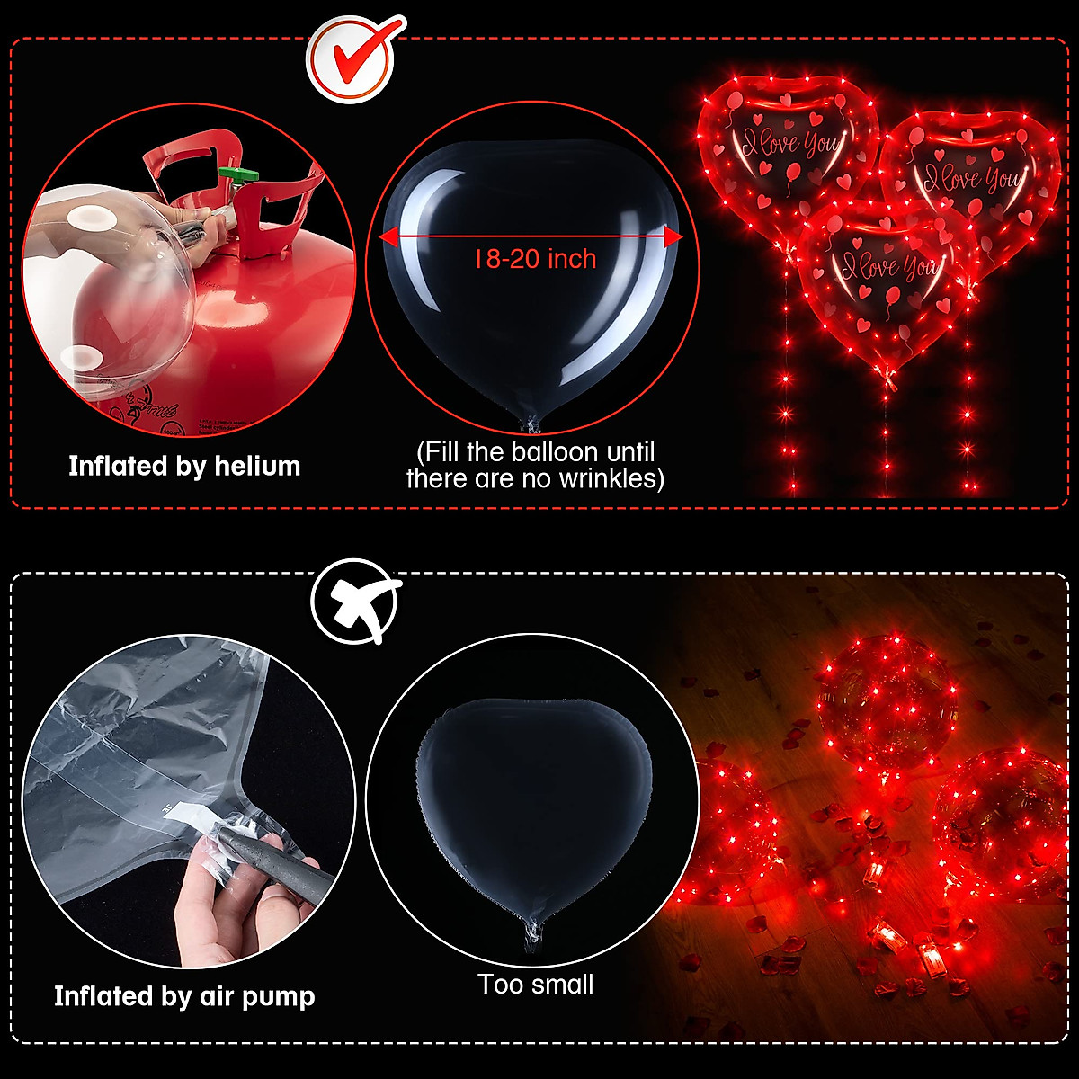 Red Heart Light Up Balloons, 6 Pack 20 Inches BoBo Bubble Transparent Helium Balloons with 10 Feet LED String Lights for Valentines Wedding Party Decoration (Red)