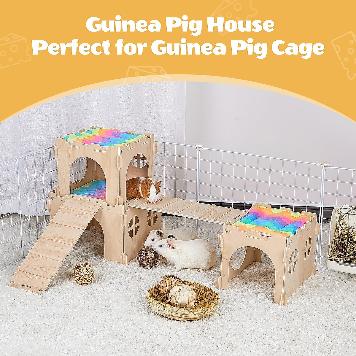 Guinea Pig Hideout, Guinea Pig House with Stairs and Mats Extra Large Guinea Pig Castle Detachable Hideouts for Small Animals Wooden Guinea Pig Habitats with Multiple Doors and Windows