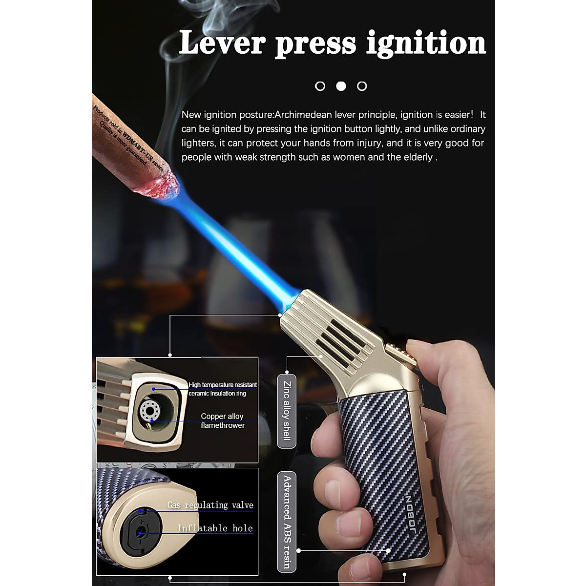 WDMART-US Windproof Refillable lighters - Metal Butane Gas Lighters - Turbo Direct Injection lighters • Multifunction Cooking Torch • Large Gas Storage Capacity (Yellow Wood Grain)