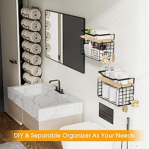 Towel Racks for Bathroom,Towel Rack Wall Mounted, 6 Tier Rolled Or Folded Towel Holder with Floating Shelves, Bathroom Towel Holder for Bath, Hand Towels,Metal,Walnut Wood Panel