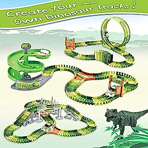 WESPREX Dinosaur Track Toy Set 280 PCS, Flexible Race Track Playset w/ 240 Tracks, 2 Race Cars, 1 Ferris Wheel (360 Degree Rotation). 1 Rotary U-Turn Tower, Dinosaur Toy for Kids Boys Girls Age 3-12