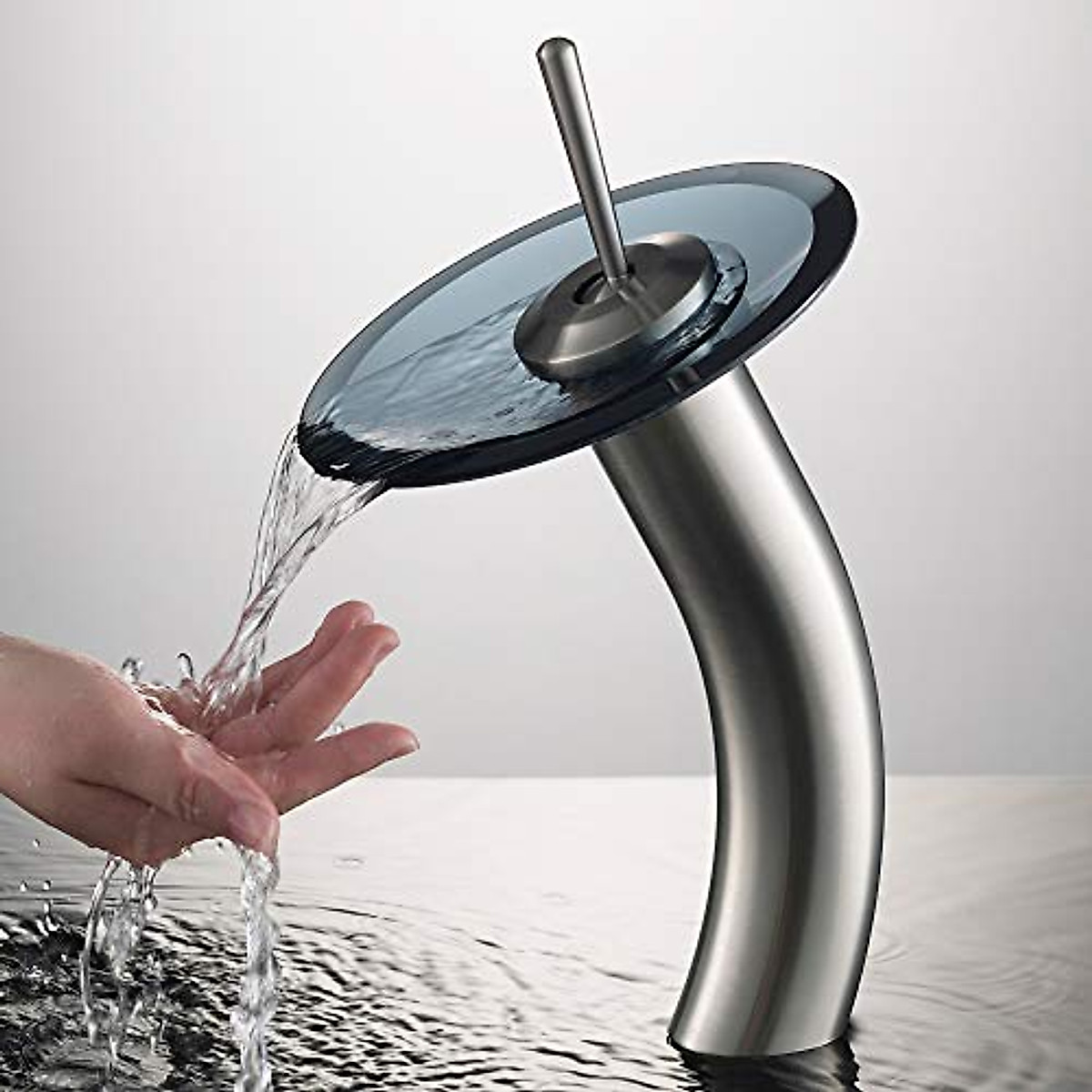 Single Lever Vessel Glass Waterfall Bathroom Faucet Satin Nickel with Black Clear Glass Disk and Matching Pop Up Drain