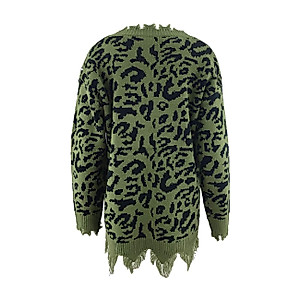 FAPIZI Women's Fashion Leopard Print Off Shoulder Ripped Sweater V Neck Long Sleeve Distressed Knit Pullover Jumper Tops
