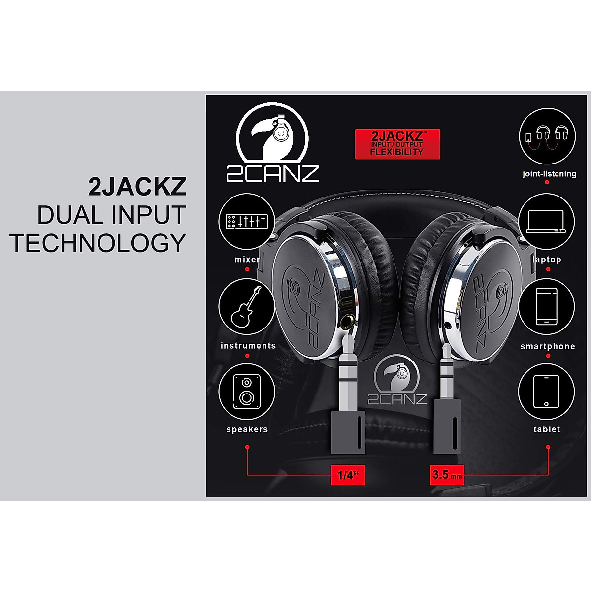 2CANZ Over-Ear Professional Wired DJ Headphones - 50mm Neodymium Drivers, Closed Back, Plush Comfrasoft Ear Cushions, 8-Way Adjustable Earpads, Foldable, and Joint Listening