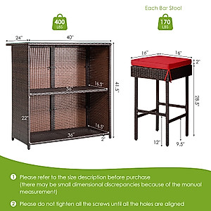 Toolsempire 3 Pieces Patio Bar Set Outdoor Bar Set, Wicker Bar Set with Tempered Glass Table-Top & Two Stools, Outdoor Furniture Bistro Set for Porch, Poolside, Backyard, (Red)