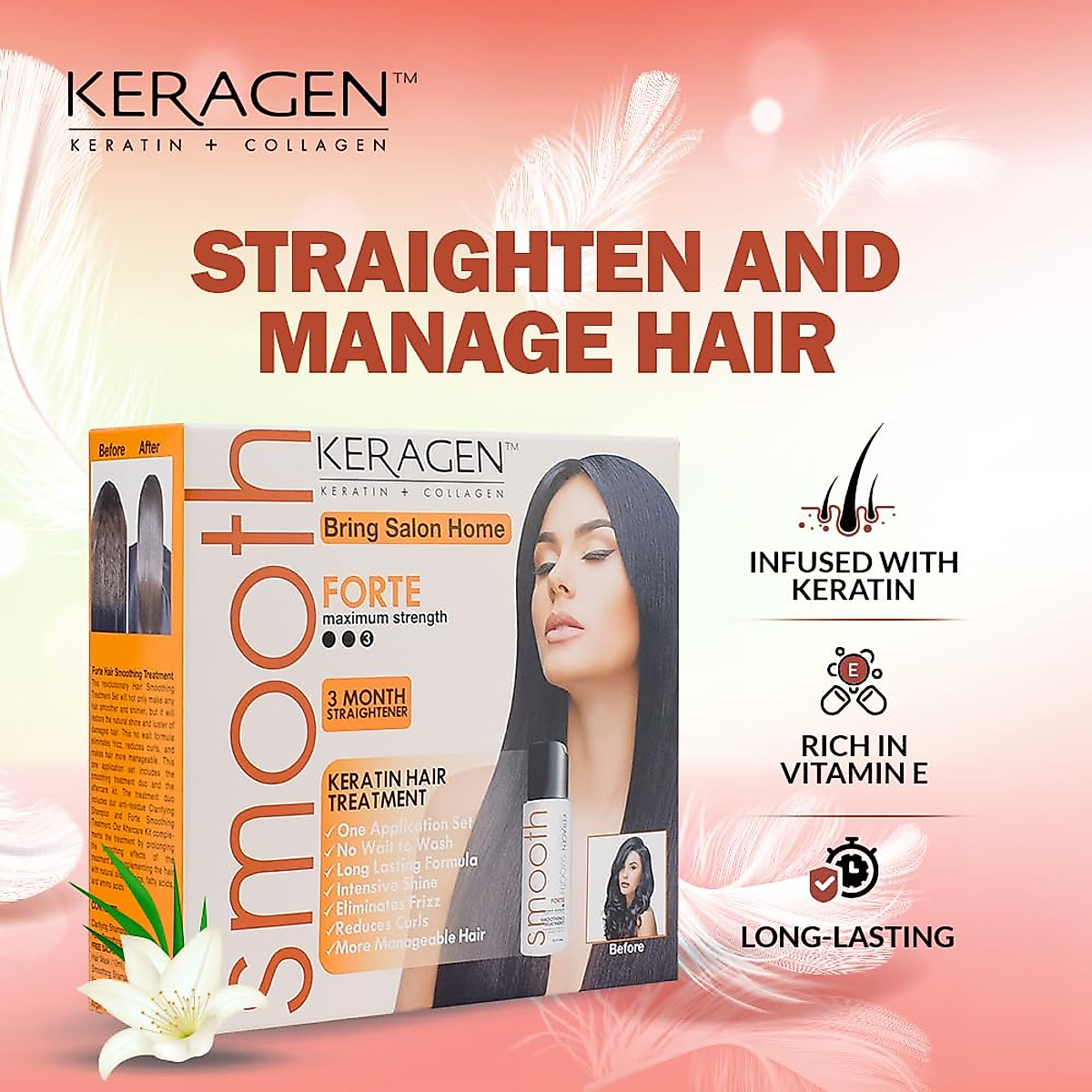 Keragen - Brazilian Keratin Hair Smoothing Treatment Express Home Kit - Blowout Straightening System, with 2 Oz Forte Treatment, 2 Oz Clarifying Shampoo and Aftercare Samples