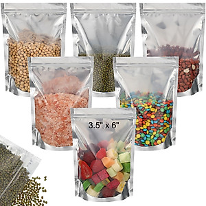 Ctosree 200 Pcs Stand Up Pouch Bags, Sealable Heavy Duty Clear Front with Aluminum Foil Back, Plastic Zipper Food Coffee Candy Storage, Reclosable Bags and Heat Sealable Food Storage (3.5" x 6")