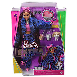Barbie Extra Doll and Accessories with Burgundy Braids Dressed in Furry Jacket with Pet Puppy